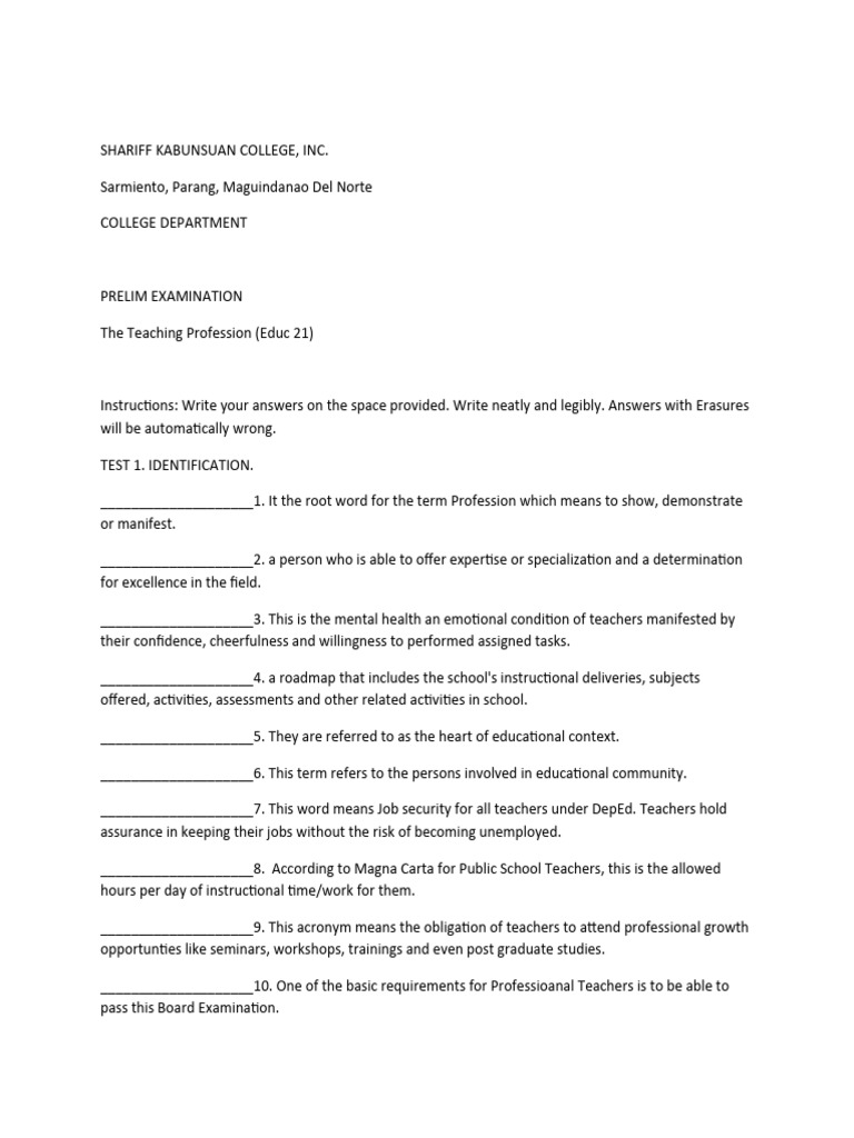 Prelim Exam in Educ 21 | PDF | Teachers | Learning