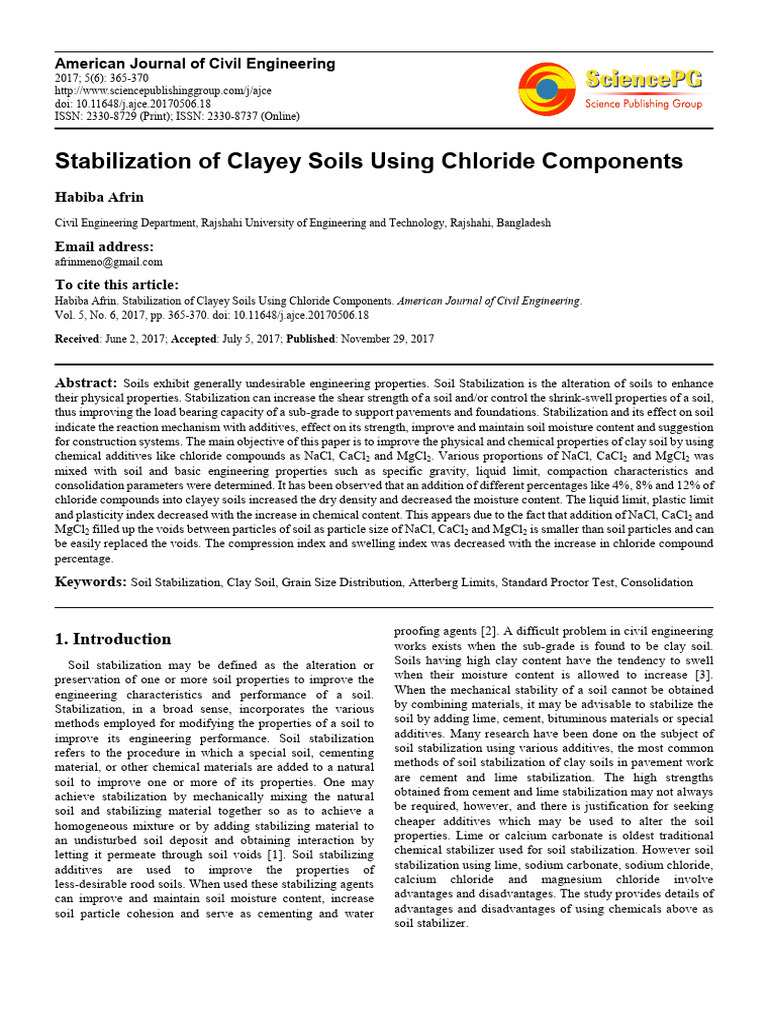 Stabilization of Clayey Soils Using Chlo | PDF | Soil | Materials