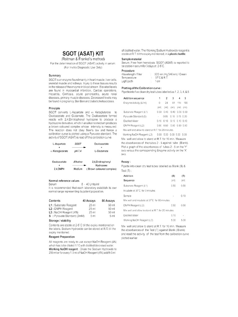 SGOT ASAT Kit Reitman Frankel Method | PDF