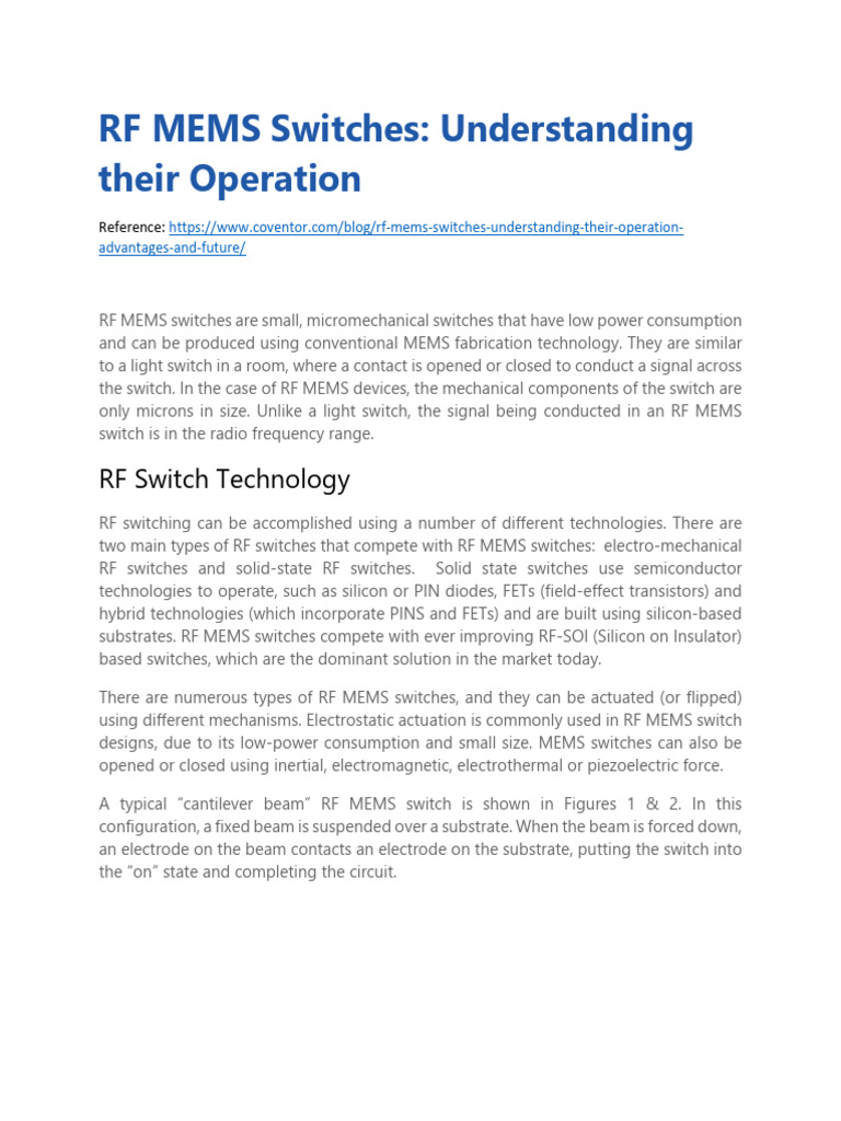 RF MEMS Switches | PDF | Capacitor | Field Effect Transistor