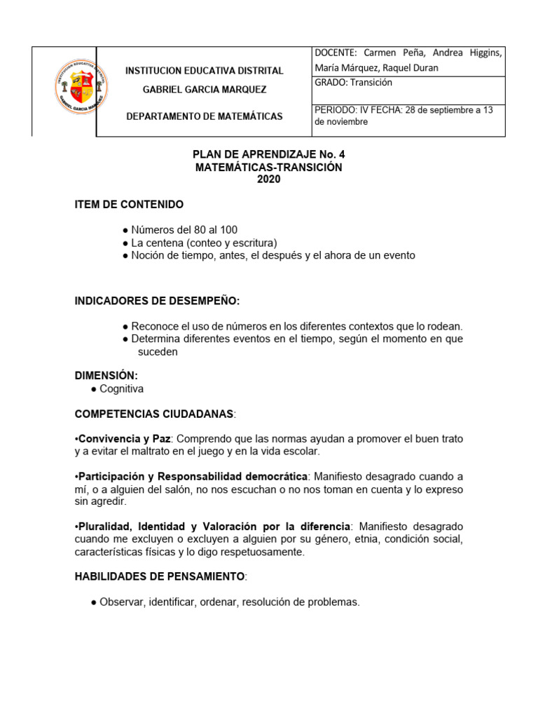 PLAN DE APRENDIZAJE No 4 Matemáticas Preescolar | PDF | Educación de la ...