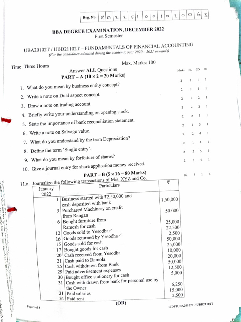 Financial Accounting University Exam Question Paper | PDF