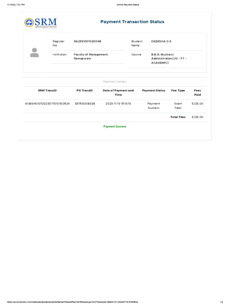 SRM Sem1 Exam Fee Receipt | Download Free PDF | Banking | Payments
