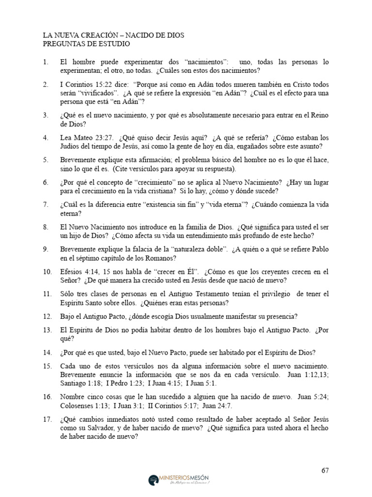 La Nueva Creación, Nacido de Dios - Preguntas de Estudio | Descargar ...