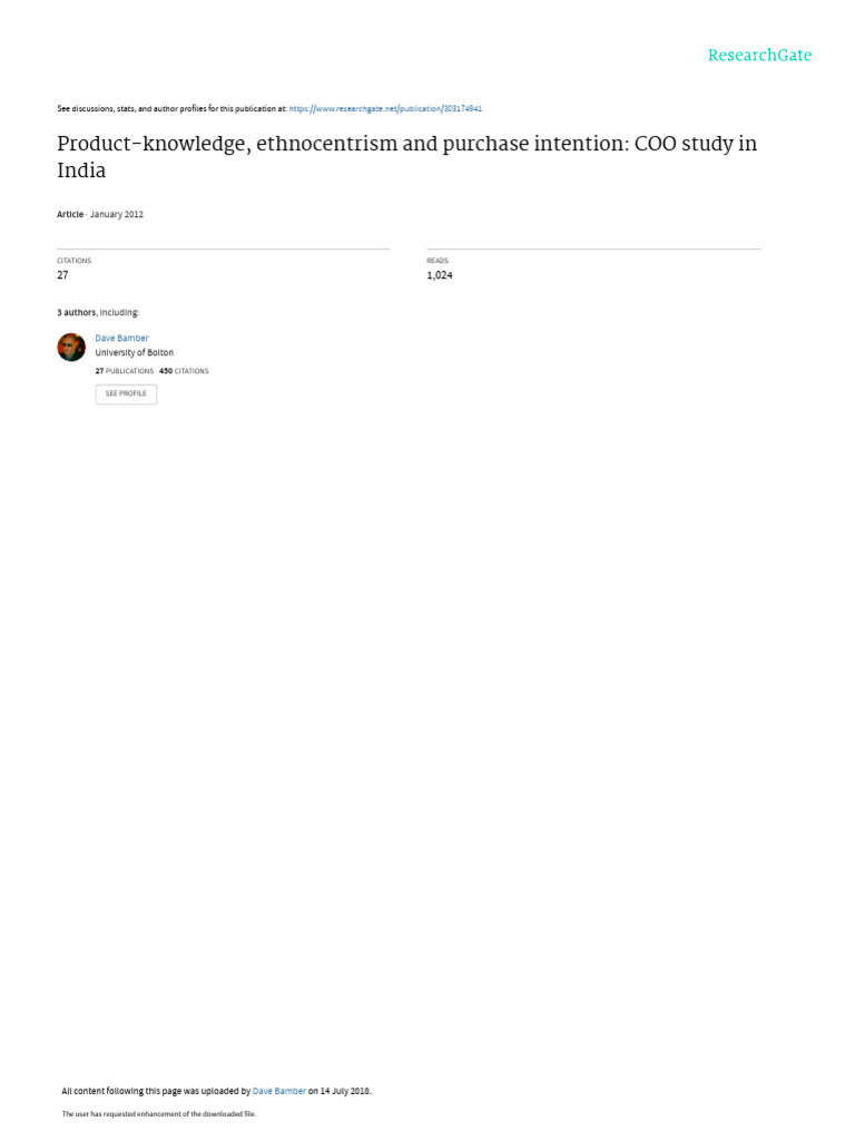 03 Product Knowledge Ethnocentrism Purchase Intention | PDF | Brand | Behavior