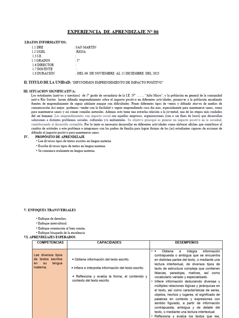 EXP.6. DE APRENDIZAJE LENGUA ORIGINARIA.5°.OK - | PDF | Evaluación | Aprendizaje