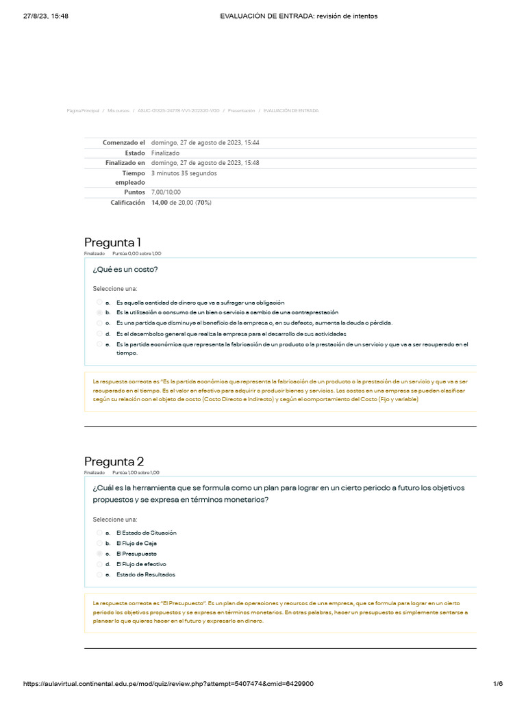 EVALUACIÓN DE ENTRADA - Revisión de Intentos | PDF | Flujo de caja descontado | Contabilidad