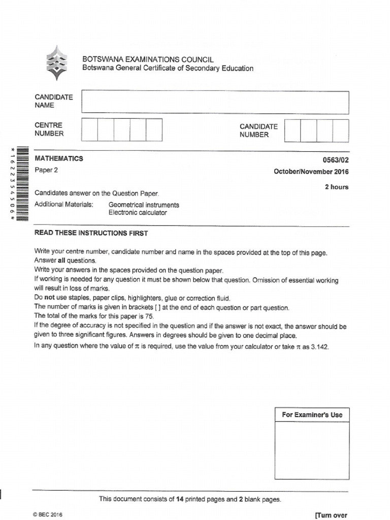 Bgcse Maths Pp2 2016 | PDF