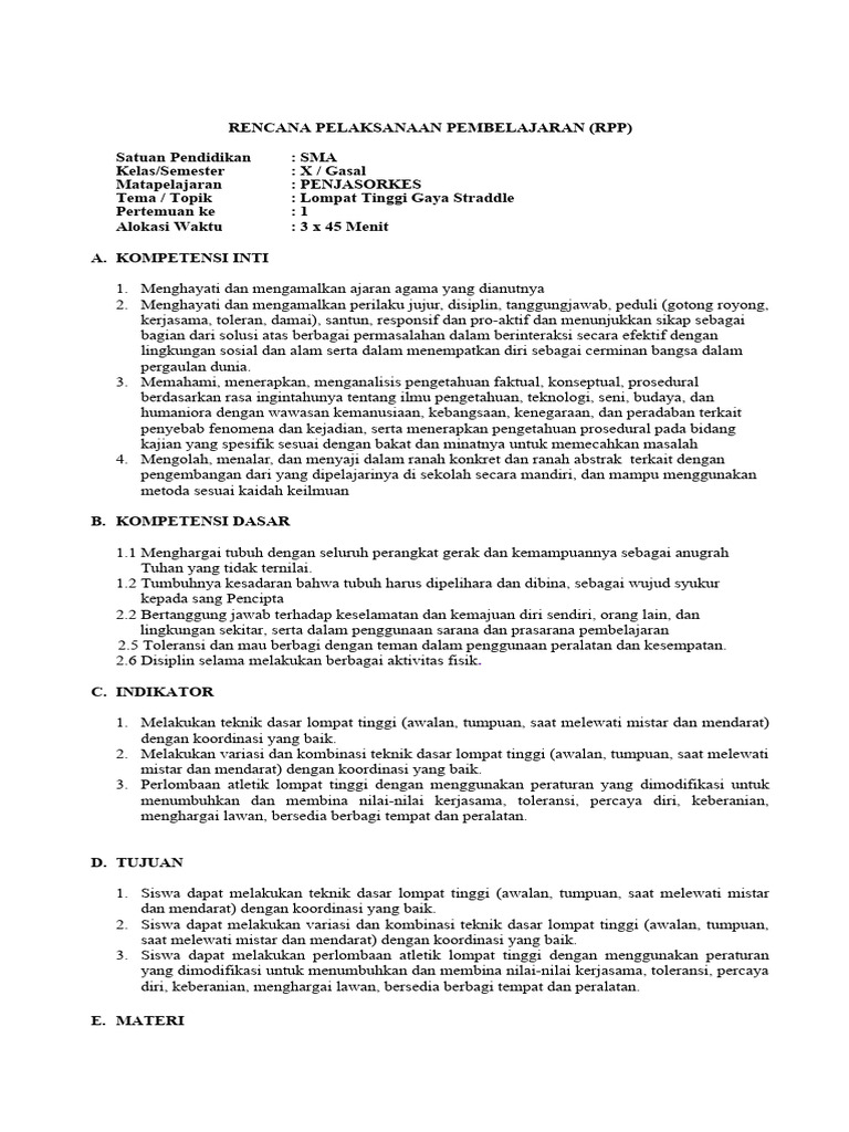 Tugas RPP Lompat Tinggi Kelas X | PDF