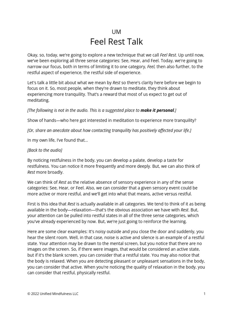 Unified Mindfulness - Feel Rest Talk | PDF | Experience | Perception