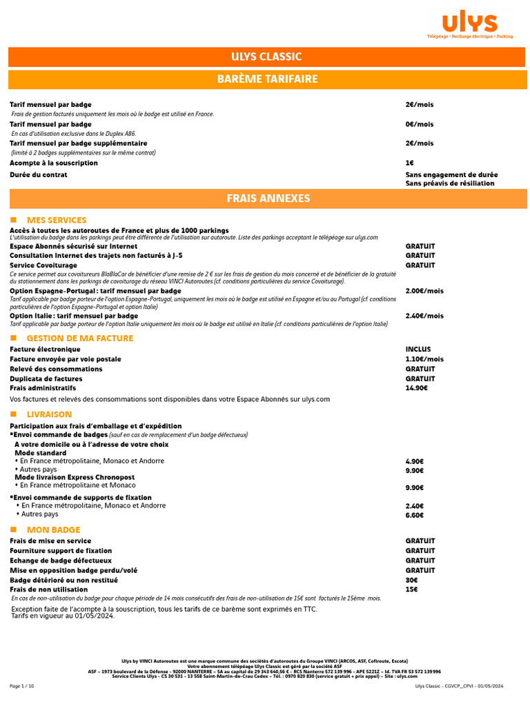 Barème Tarifaire Ulys Classic 2024 | PDF | Facture