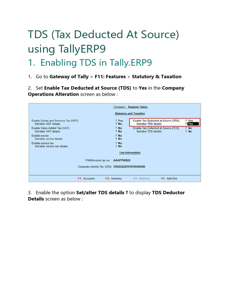 Tds (Tax Deducted at Source) Using Tallyerp9: 1. Enabling Tds in Tally - Erp9 | PDF | Voucher ...