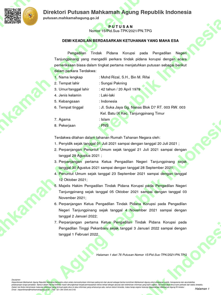 Putusan 15 Pid - Sus-Tpk 2021 PN TPG 20240109093940 | PDF