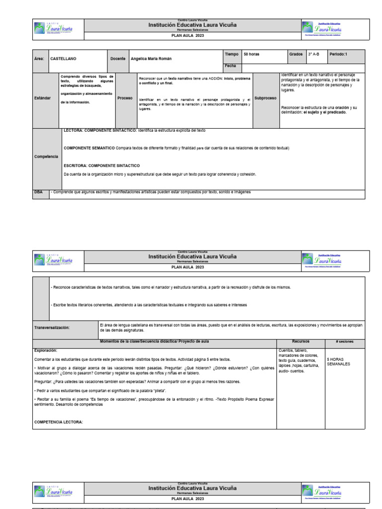 Formato Plan Aula 3° Castellano Primer Periodo | PDF | Narración ...