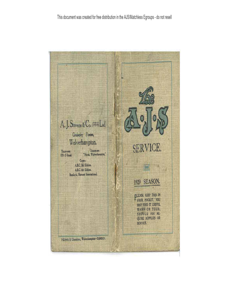 1929 AJS Service Booklet | PDF | Motor Vehicle Manufacturers | Motorcycling