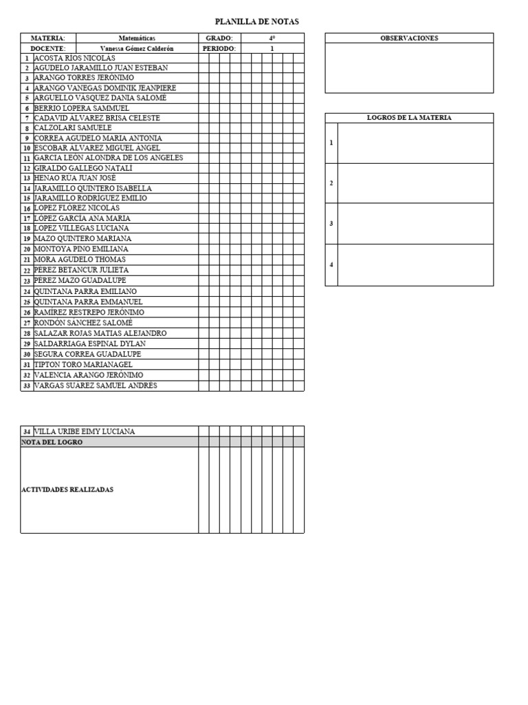 Planillas de Notas CUARTO 2024 | PDF
