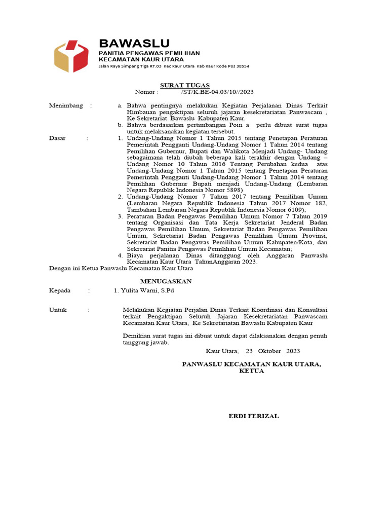 Surat Tugas Panwaslu Kaur Utara 2023 | PDF