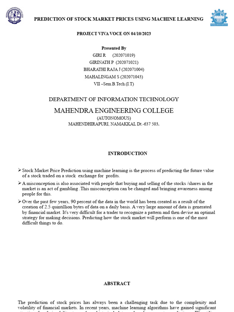 Prediction Of Stock Market Prices Using Machine Learning 1 Pdf Support Vector Machine