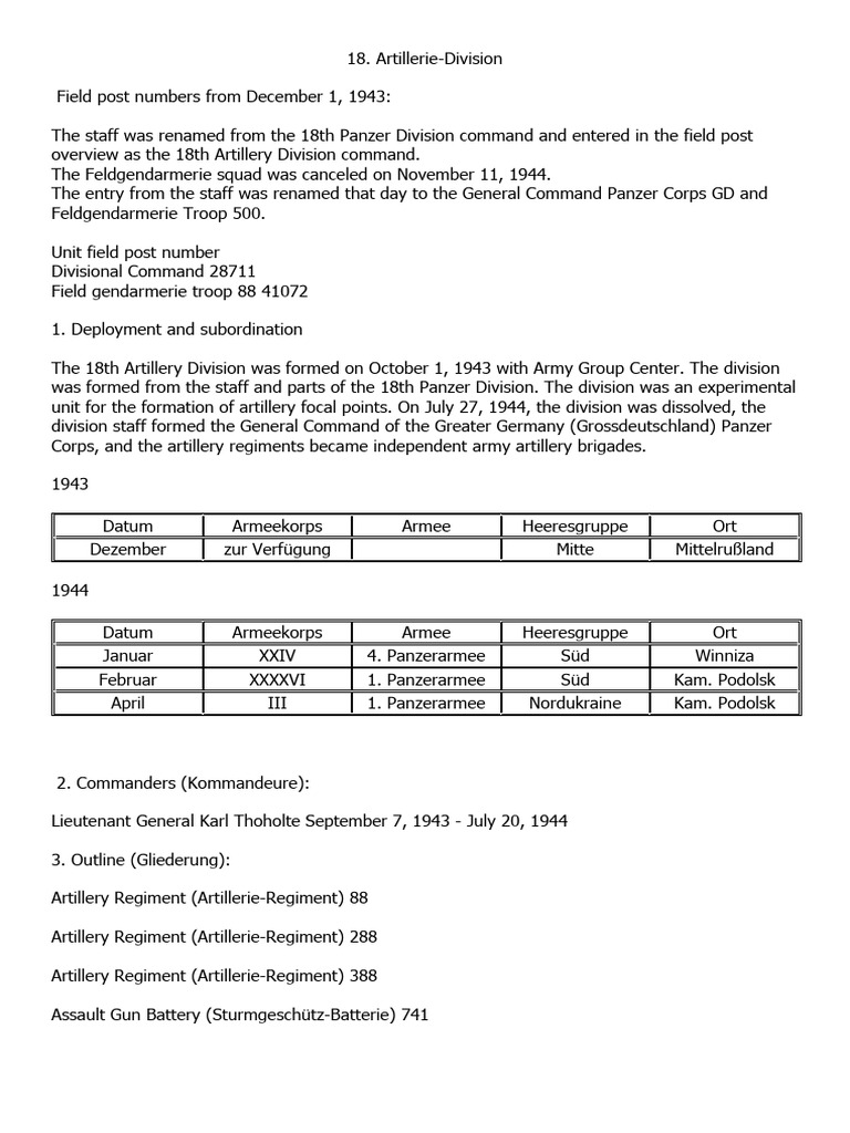 18th Artillery Division Overview 1943-1944 | PDF | Regiment | Division ...