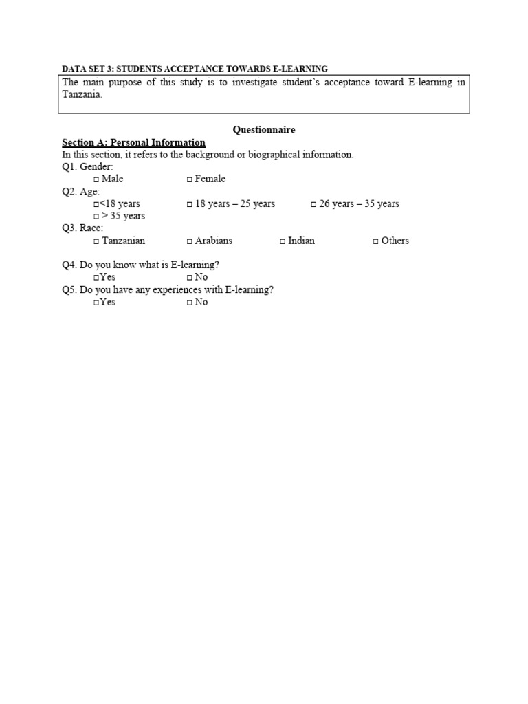 Questionnaire For E-Learning | PDF | Educational Technology | Computing