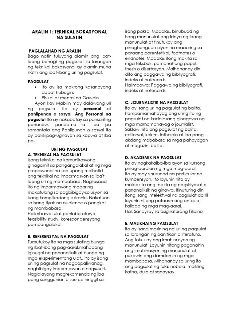 Teknikal Bokasyonal Na Sulatin Aralin 1 | PDF
