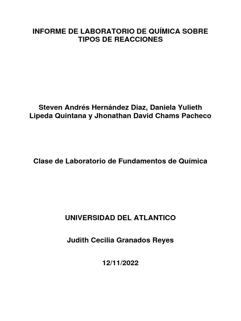 Informe de Laboratorio de Química Sobre Tipos de Reacciones | Descargar gratis PDF | Ácido ...