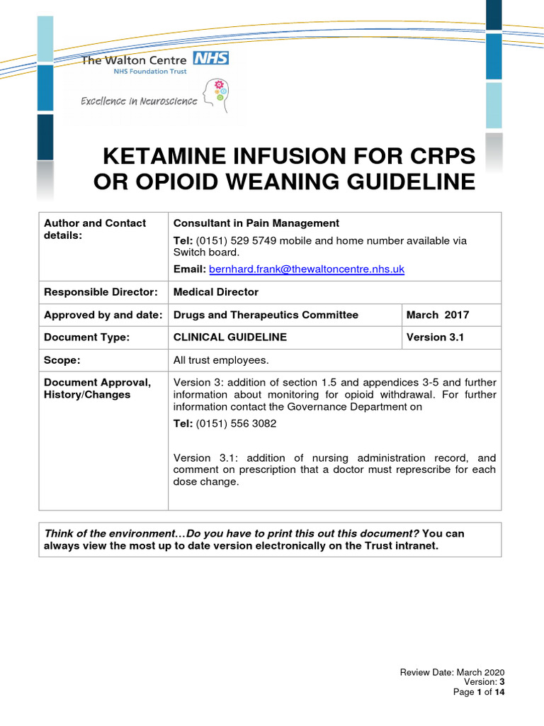 Ketamine Infusion For CRPS or Opioid Weaning Guideline | PDF | Opioid ...