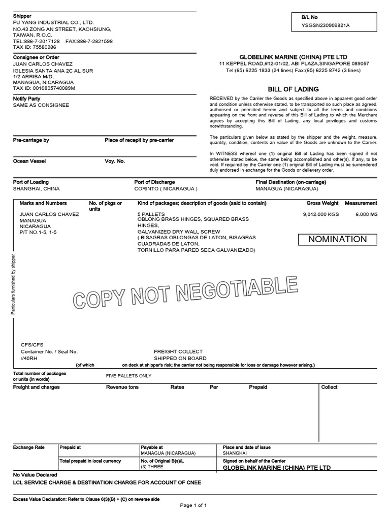 HBL Copy - Ysgsn230909821a PDF | PDF | Bill Of Lading | Cargo