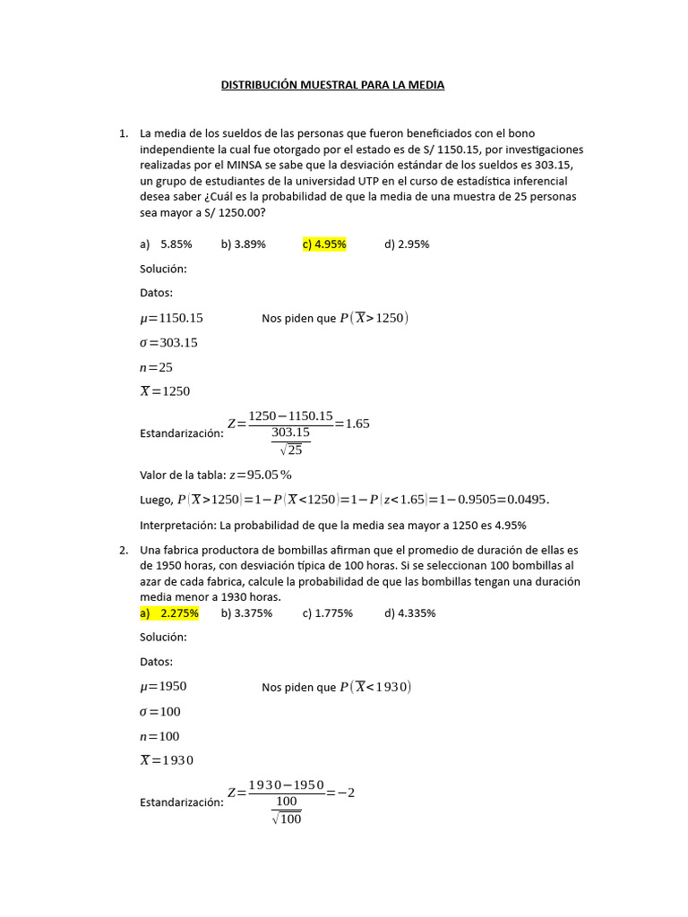 Distribución Muestral para La Media Preguntas para La PC3 | PDF | Probabilidades y estadísticas ...