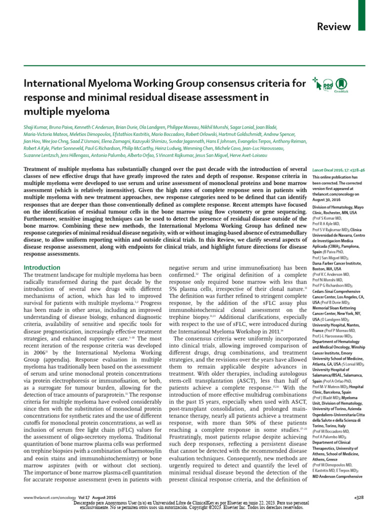 International Myeloma Working Group Consensus Criteria For Response and ...