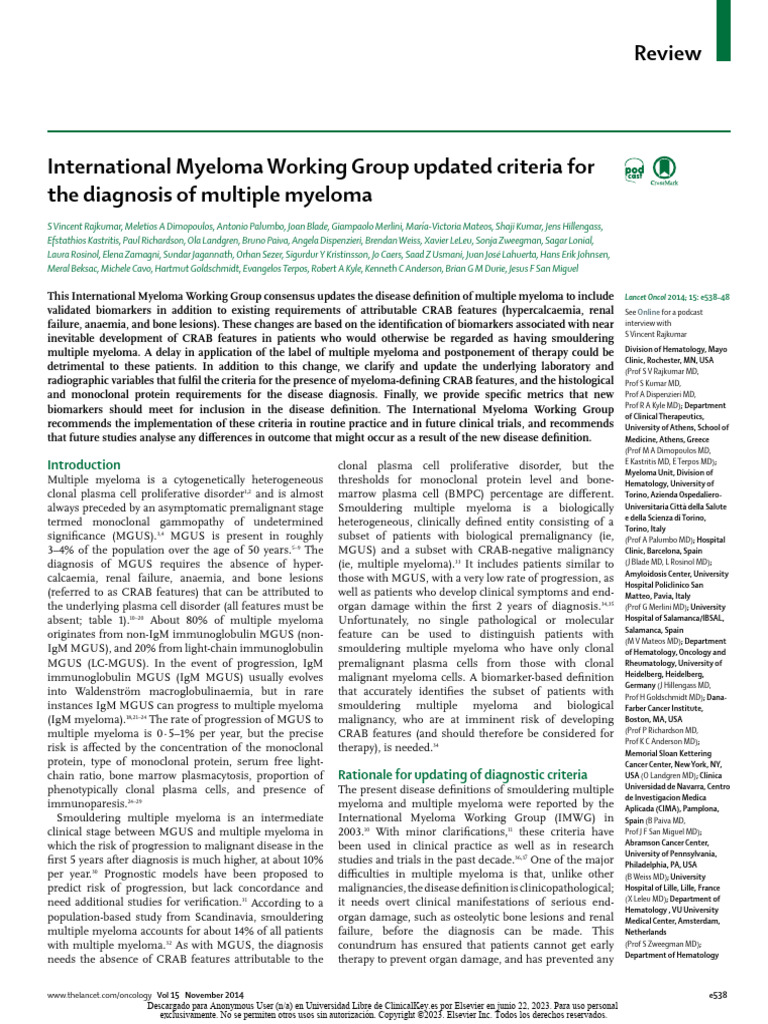 International Myeloma Working Group Updated Criteria For The Diagnosis of Multiple Myeloma ...