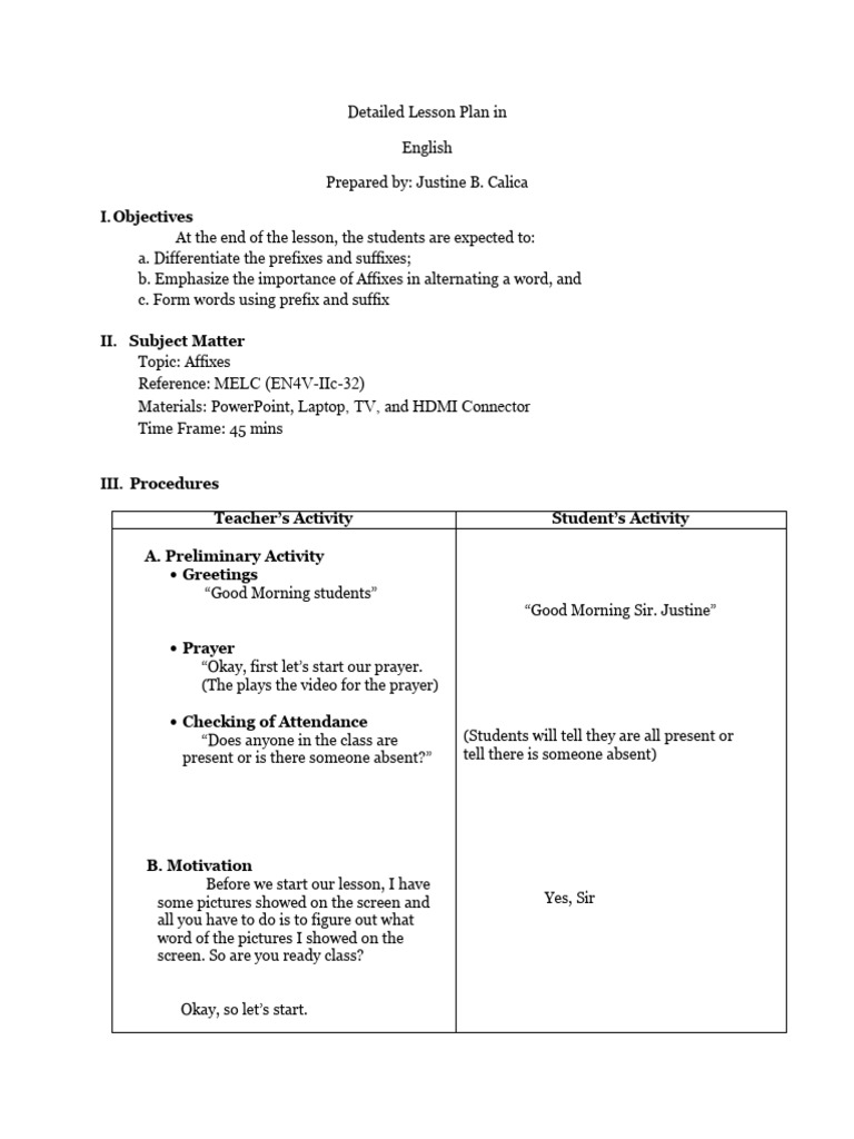 Lesson Plan on Affixes in English | PDF | Word | Grammar
