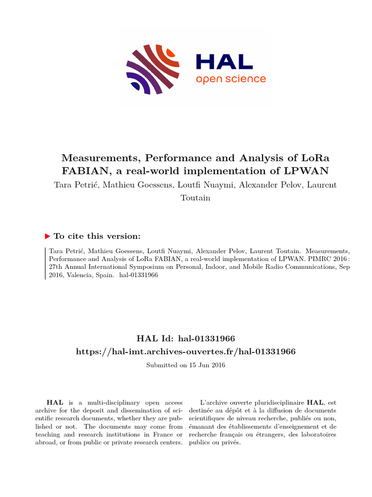 2016 Measurements Performance and Analysis of a LoRa FABIAN a Real World Implementation of LPWAN ...