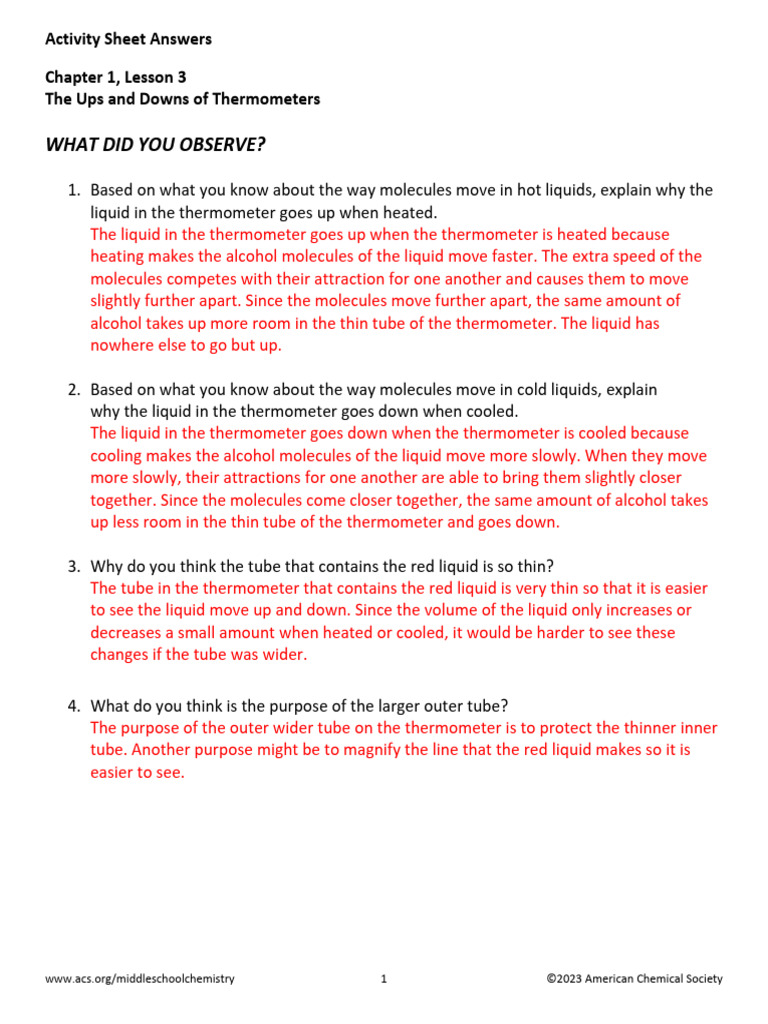 ch1 l3 Activity Sheet Answers | PDF | Liquids | Thermometer