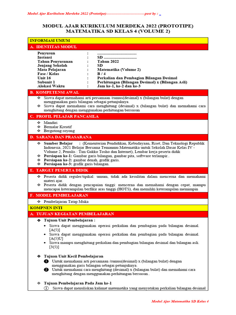 Modul Ajar MTK Unit 16 Kelas 4 Semester 2 | PDF Modul Ajar MTK Unit 16 Kelas 4 Semester 2 | PDF