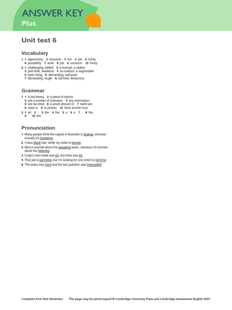 Unit Test 6 Answer Key | PDF