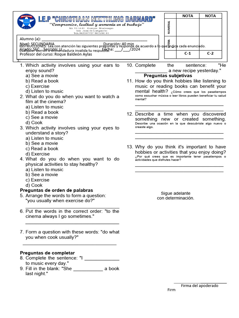 Examen - Inglés 2024. Sec | PDF
