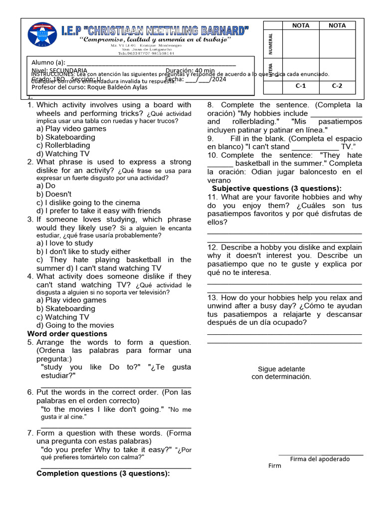 Examen - Inglés 2024..1ro Sec | PDF