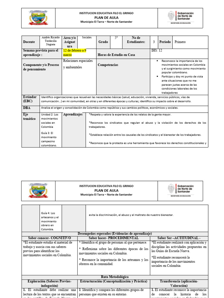 Plan de Aula Sociales 2-3-4 Primer Grado | PDF | Colombia | Evaluación