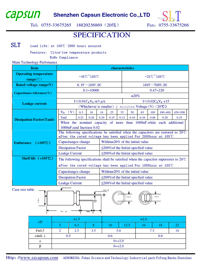 Capsun (Radial Thru-Hole) SLT Series | PDF | Capacitor | Capacitance
