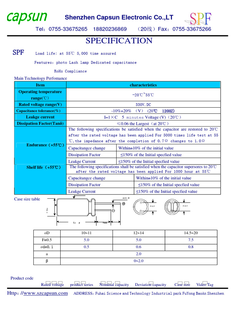 Capsun Flash Capacitor Specifications | PDF | Capacitor | Capacitance