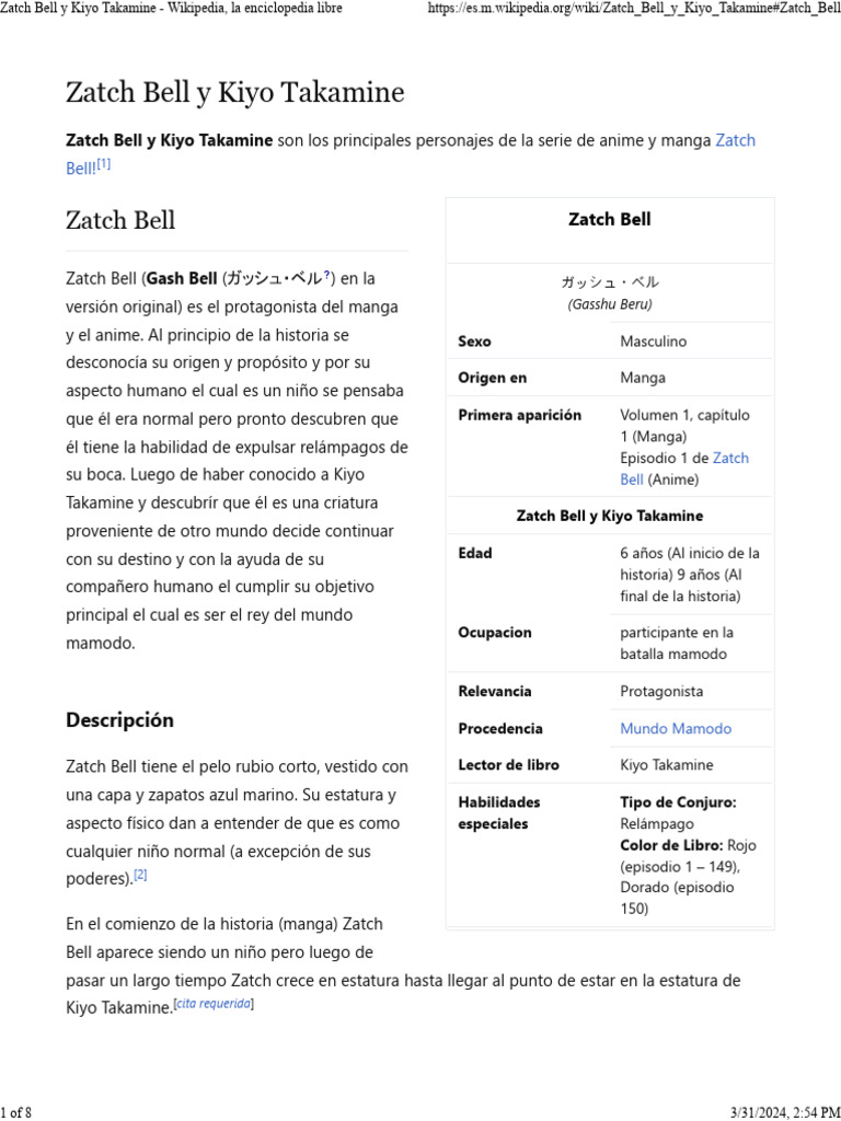 Zatch Bell y Kiyo Takamine - Wikipedia, La Enciclopedia Libre | PDF | Ficción general