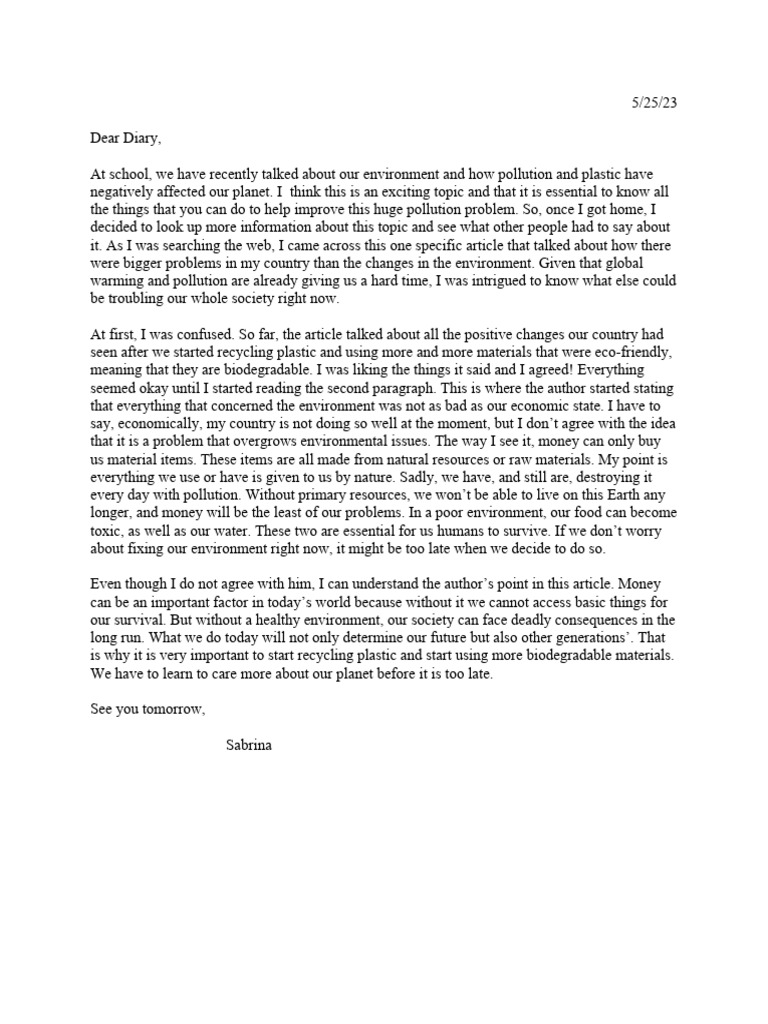 Diary Entry | PDF | Natural Environment | Pollution
