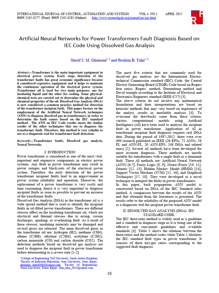 9 Artificial Neural Networks For Power Transformers Fault Diagnosis Based On IEC Code Using ...