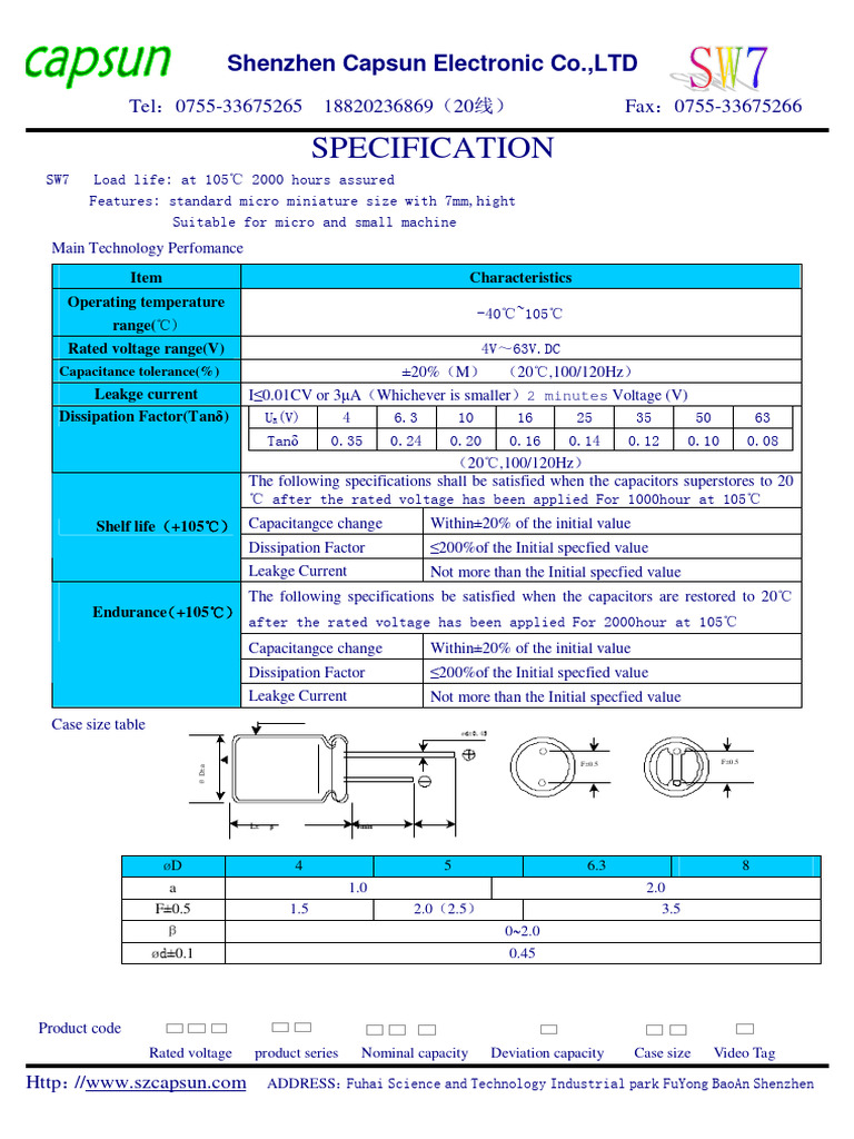 Capsun (Radial Thru-Hole) SW7 Series | PDF | Capacitance | Capacitor
