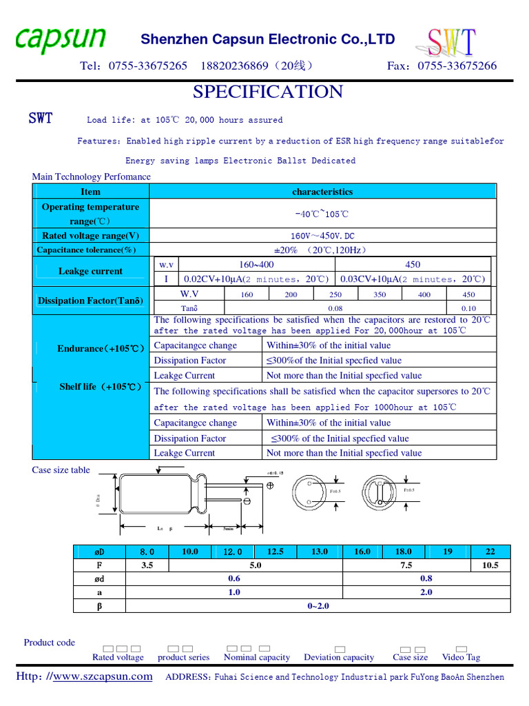 Capsun (Radial Thru-Hole) SWT Series | PDF | Capacitor | Capacitance