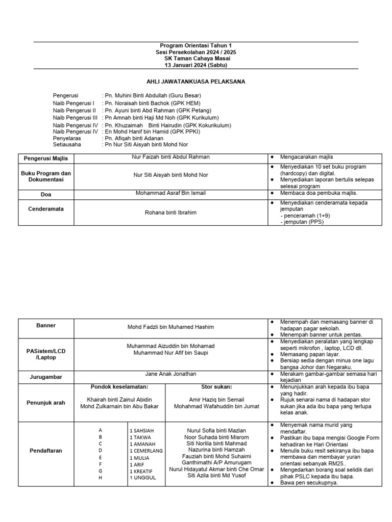 AJK Program Orientasi Tahun 1 Sesi 2024 - Latest | PDF