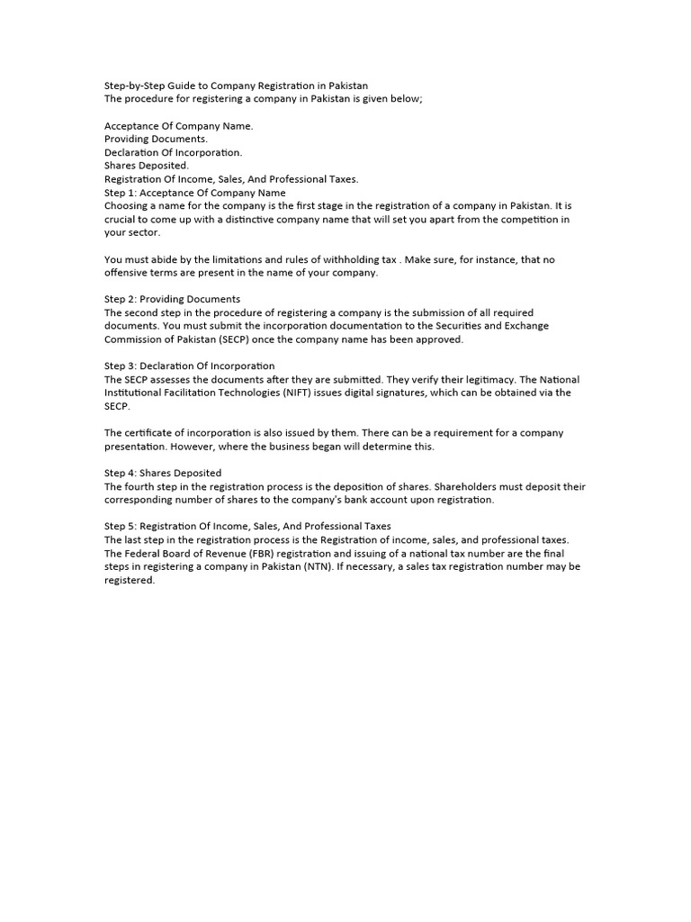 Company Registration Process in Pakistan | PDF