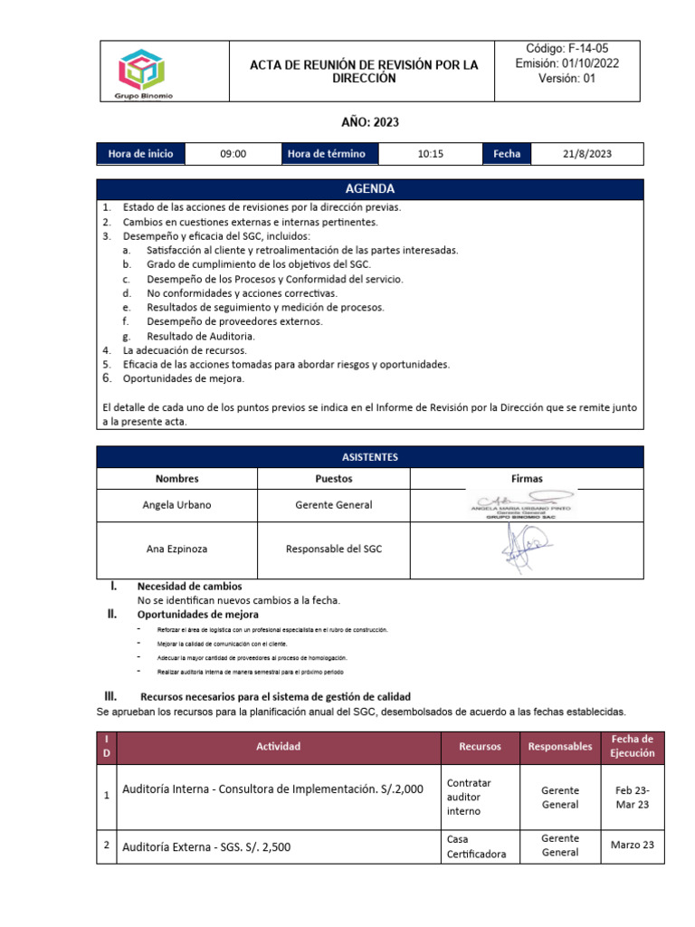 F-14-05 - Acta de Reunión de Revisión Por La Dirección 2022 - v1 | PDF ...