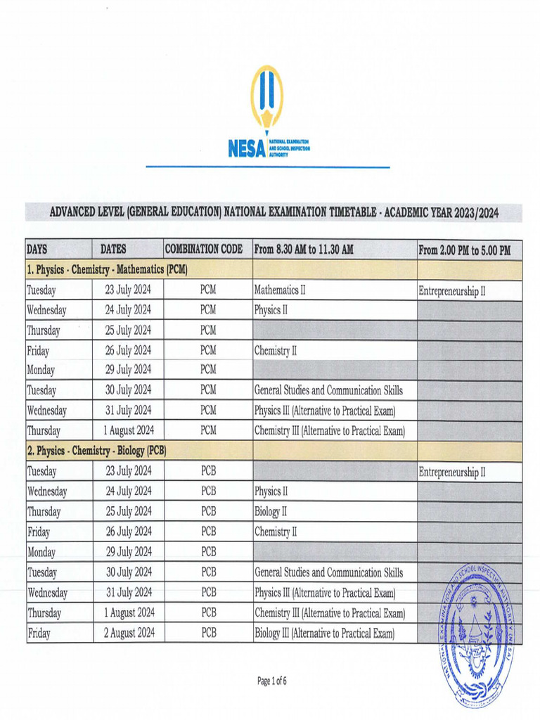 2023-2024 NE Advanced Level General Education Timetable Signed | PDF